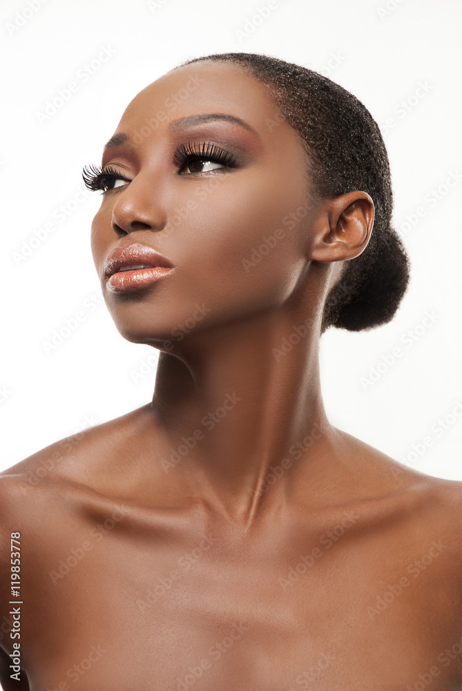 Makeup portrait of woman gazing away with neck and collar bone Stock ...