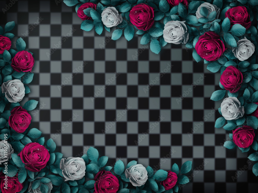 Alice in Wonderland. Red roses and white roses on chess background ...