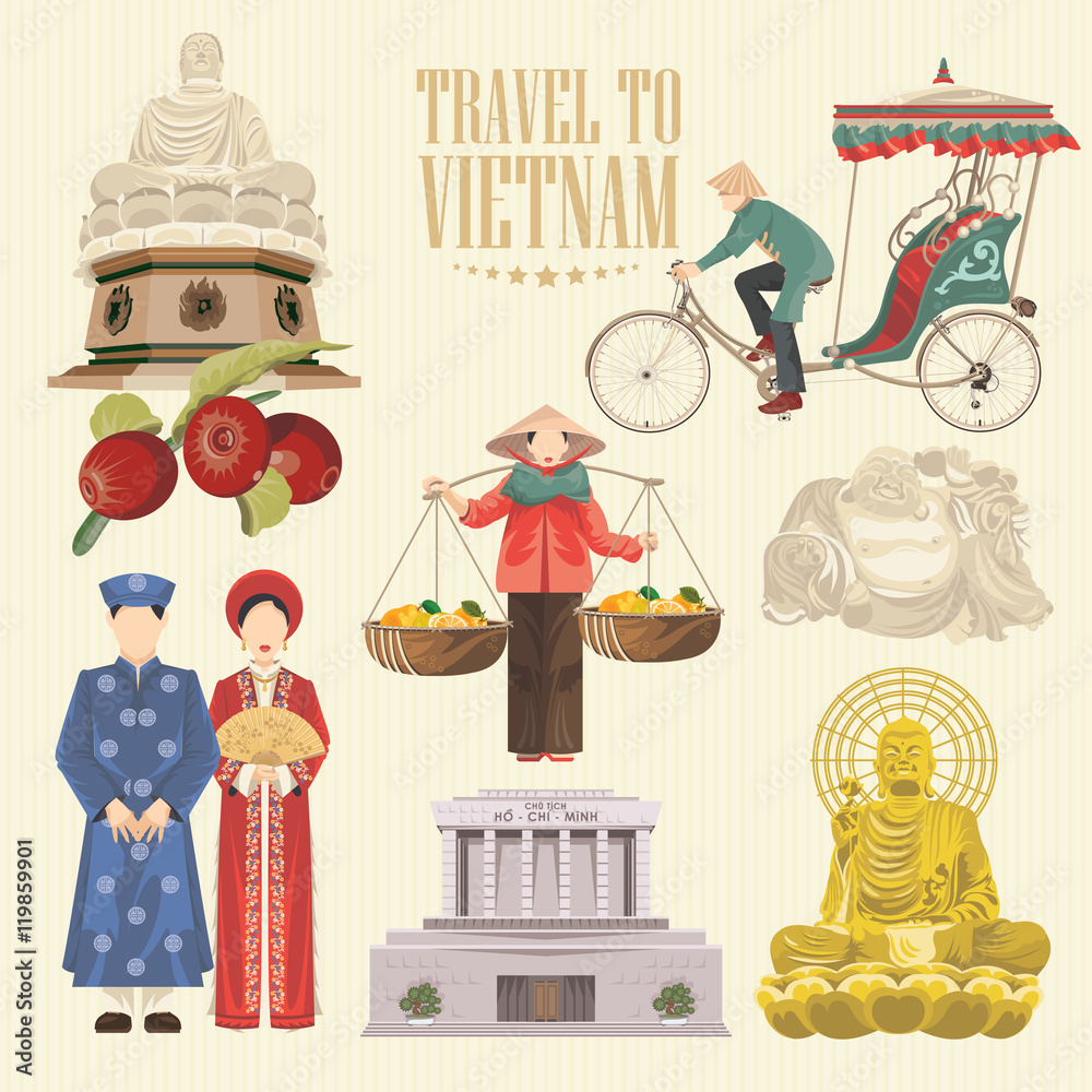Travel to Vietnam. Set of traditional Vietnamese cultural symbols ...