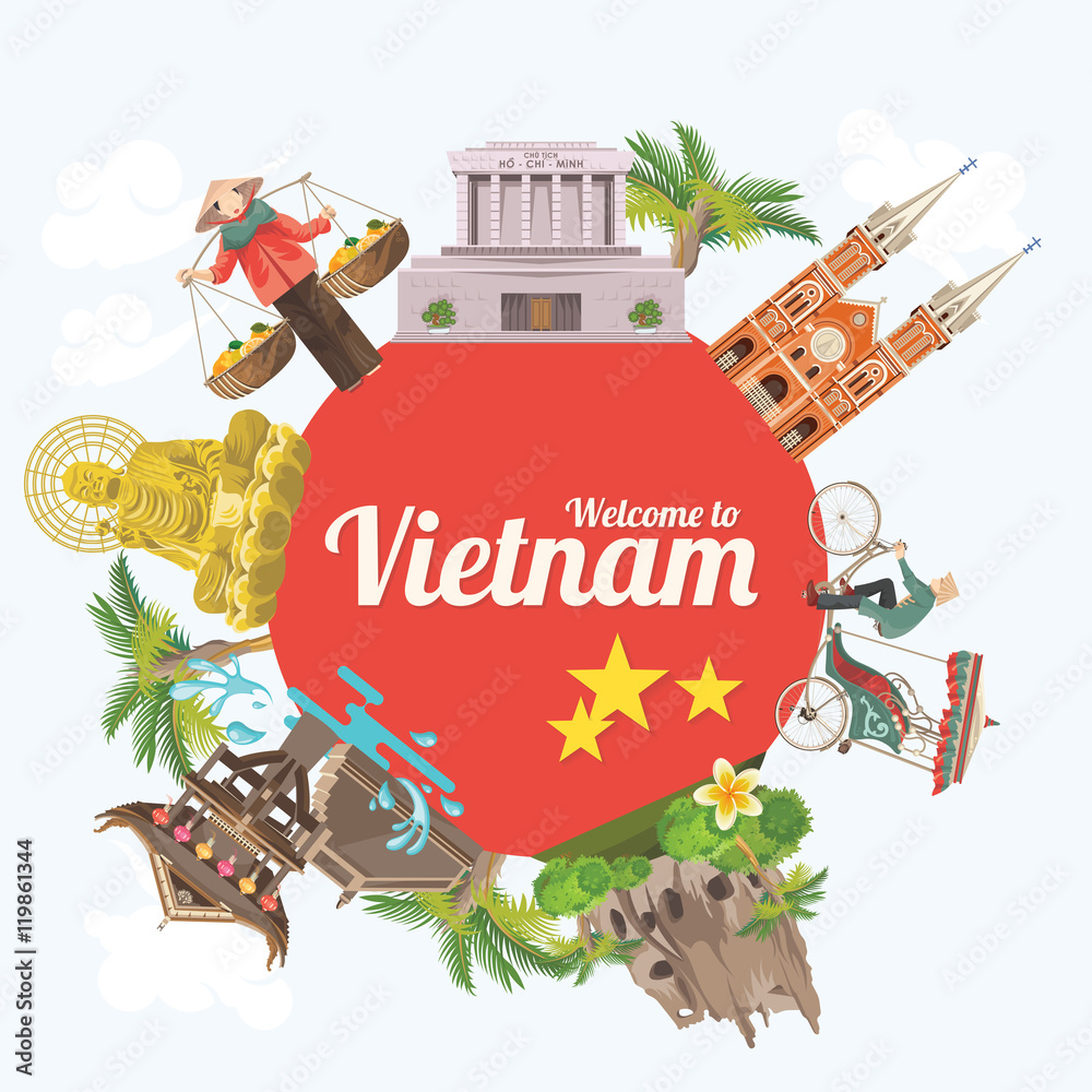Travel to Vietnam. Set of traditional Vietnamese cultural symbols ...