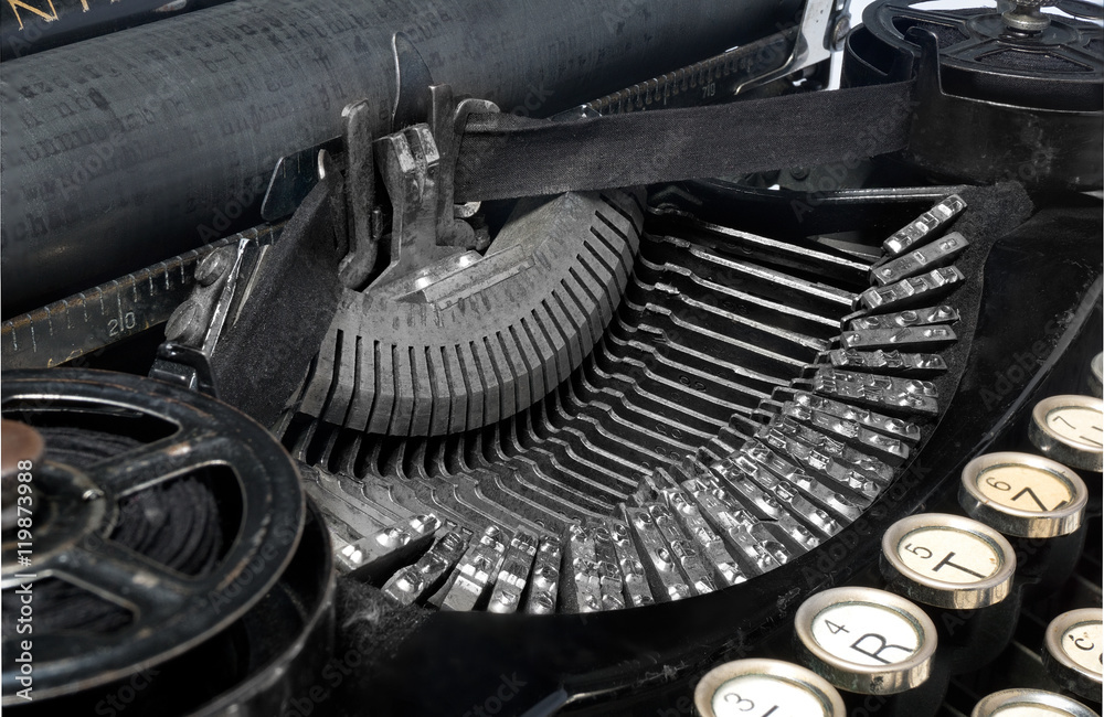 Antique typewriter, close-up photo mechanism, top view on a white ...