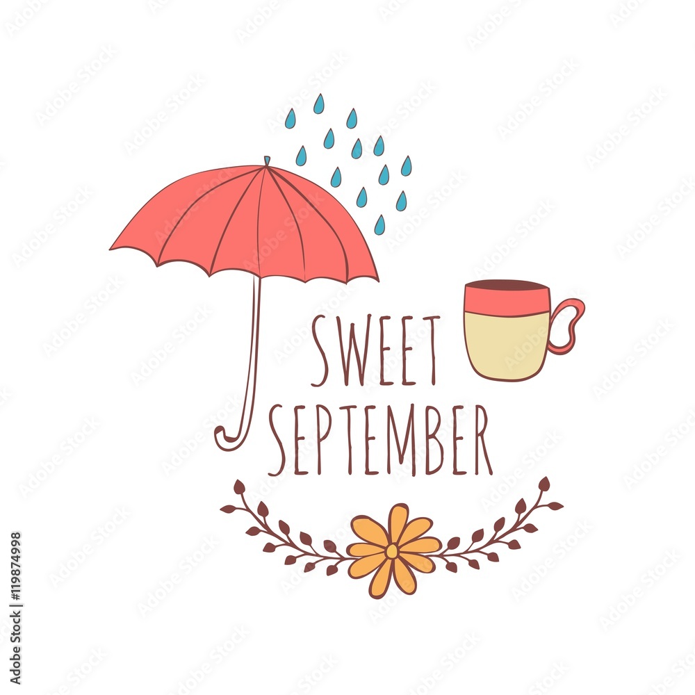 Hand drawn card with umbrella, rain drops. hot drink and floral frame ...