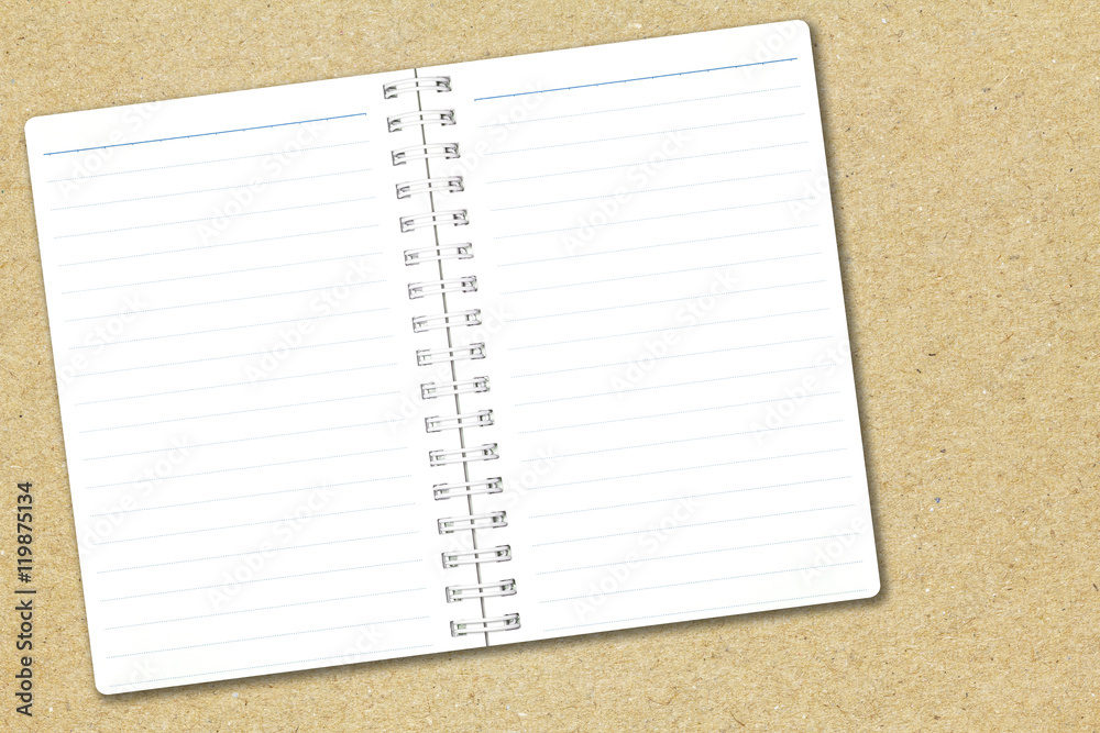 Open notebook paper with line on recycled brown paper background for ...