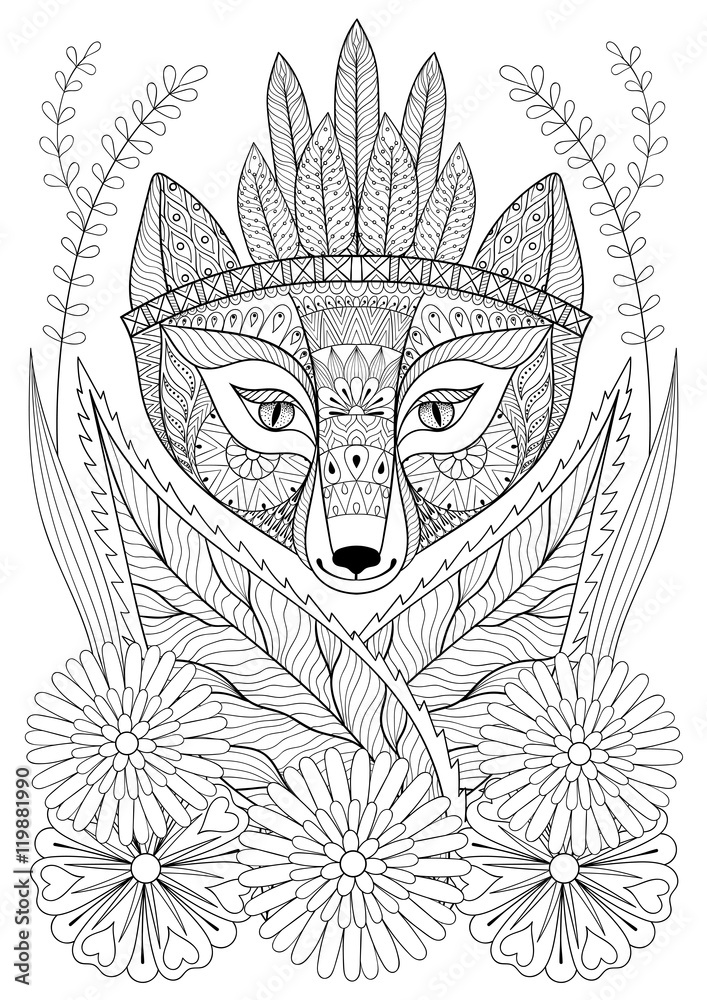 Zentangle wild fox with indian war bonnet in grass and flowers. Stock ...