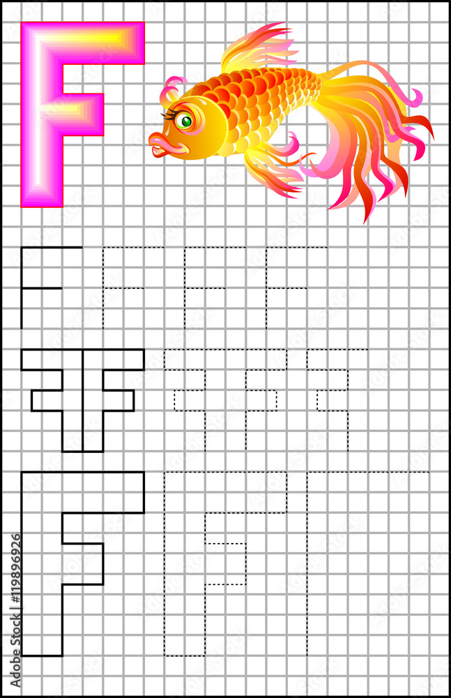 Educational page with alphabet letter F on a square paper. Developing ...