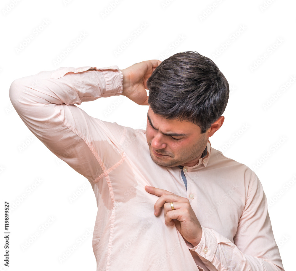 Man with sweating under armpit in pink shirt isolated on white Stock ...