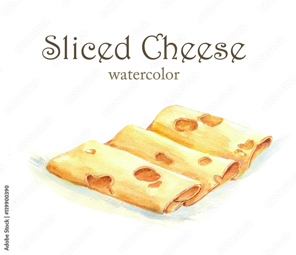 Hand-drawn watercolor food illustration. Sliced cheese isolated on the ...