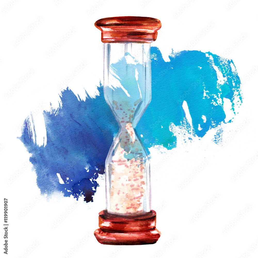 Watercolor drawing of vintage hourglass, with teal texture Stock ...
