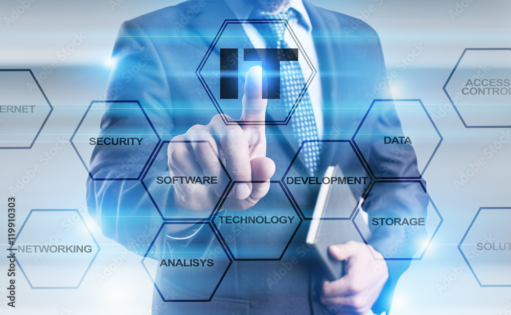 Businessman pressing button on virtual screen and select IT ...