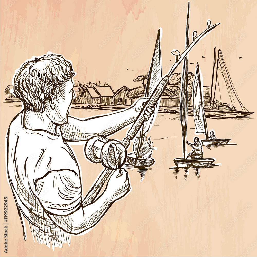 Fishing, fisherman - An hand drawn vector. Line art. Stock Vector ...