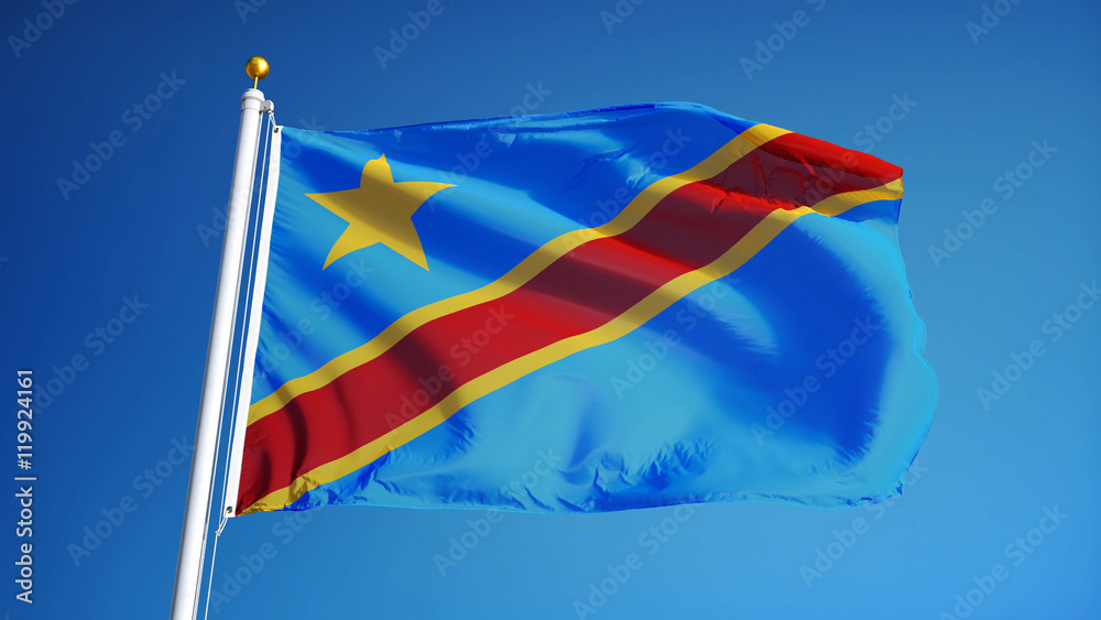Democratic Republic of the Congo flag waving against clean sky, close ...