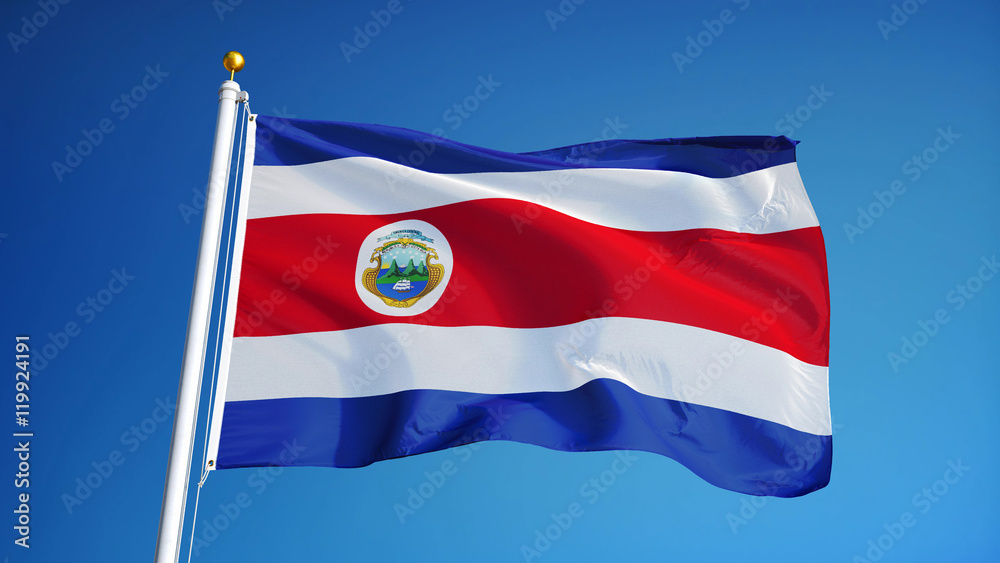 Costa Rica flag waving against clean blue sky, close up, isolated with ...