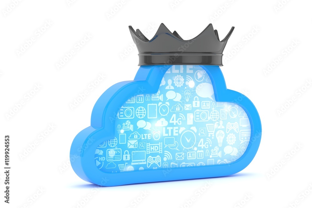 Isolated blue cloud icon with black crown on white background. Symbol ...