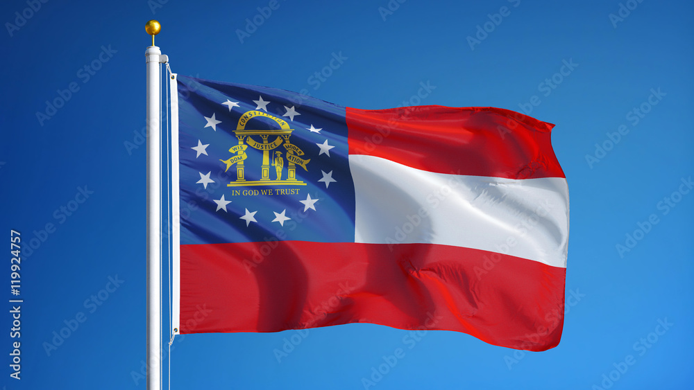 Georgia (U.S. state) flag waving against clean blue sky, close up ...