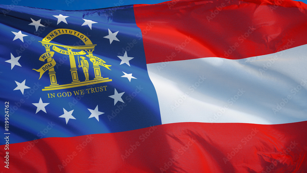 Georgia (U.S. state) flag waving against clean blue sky, close up ...