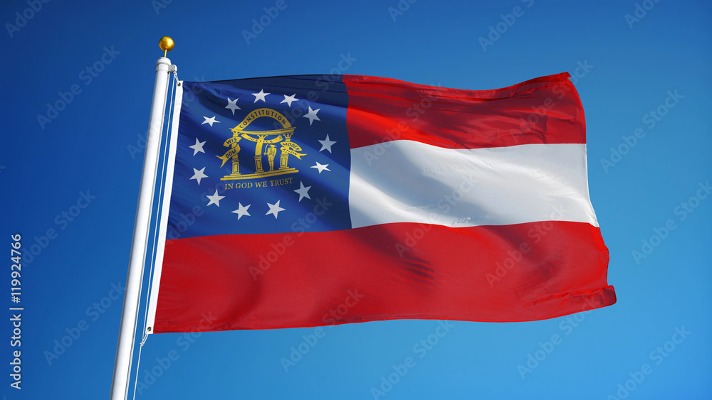 Georgia (U.S. state) flag waving against clean blue sky, close up ...