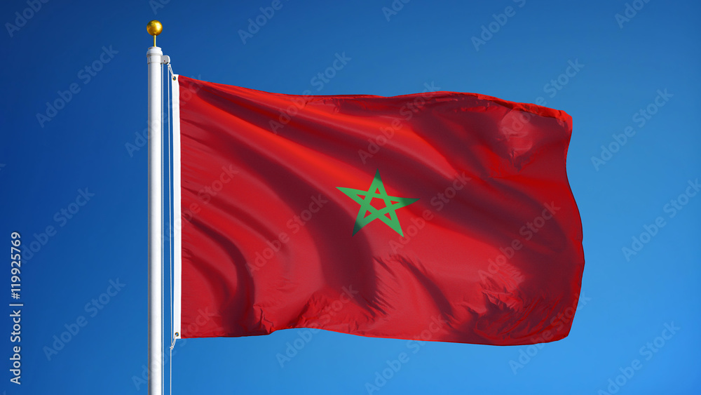 Morocco flag waving against clean blue sky, close up, isolated with ...