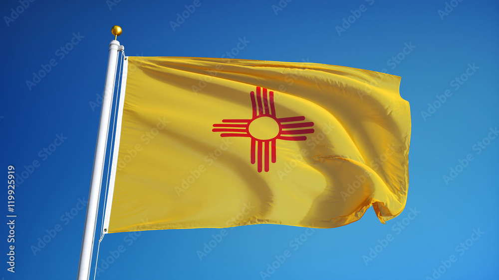New Mexico flag waving against clean blue sky, close up, isolated with ...