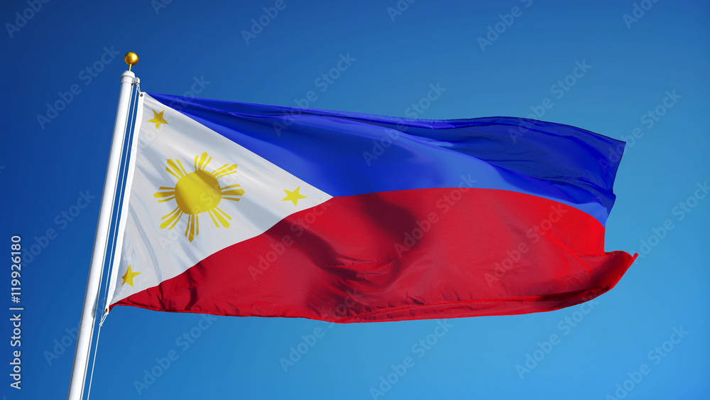 Philippines flag waving against clean blue sky, close up, isolated with ...