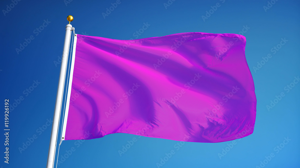 Bright pink flag waving against clean blue sky, close up, isolated with ...