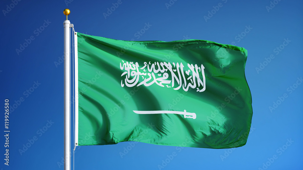 Saudi Arabia flag waving against clean blue sky, seamlessly looped ...