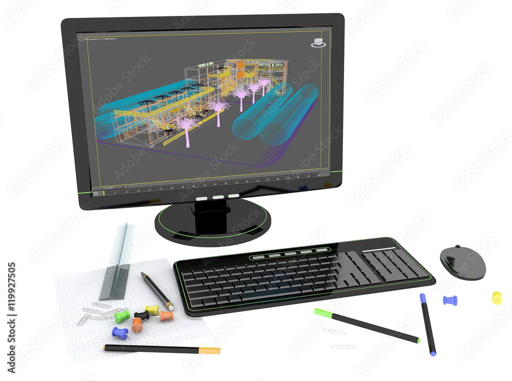 3D illustration Architectural background with a monitor on a white ...