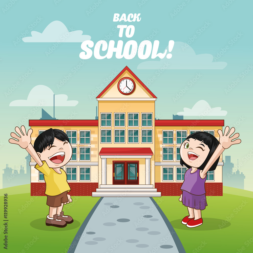 boy and girl cartoon in front of school building icon. Vector ...