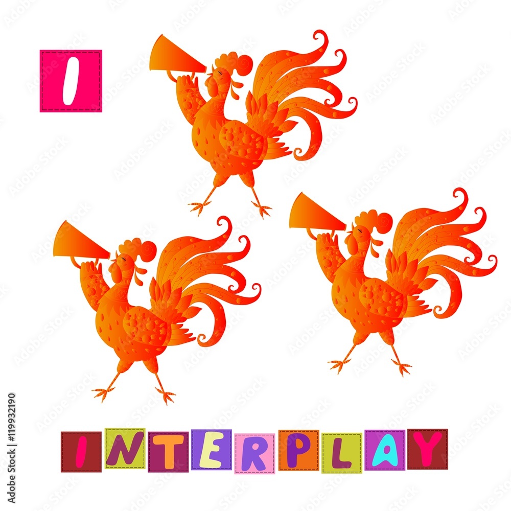 Year of the rooster. Cute cartoon english alphabet with colorful image ...