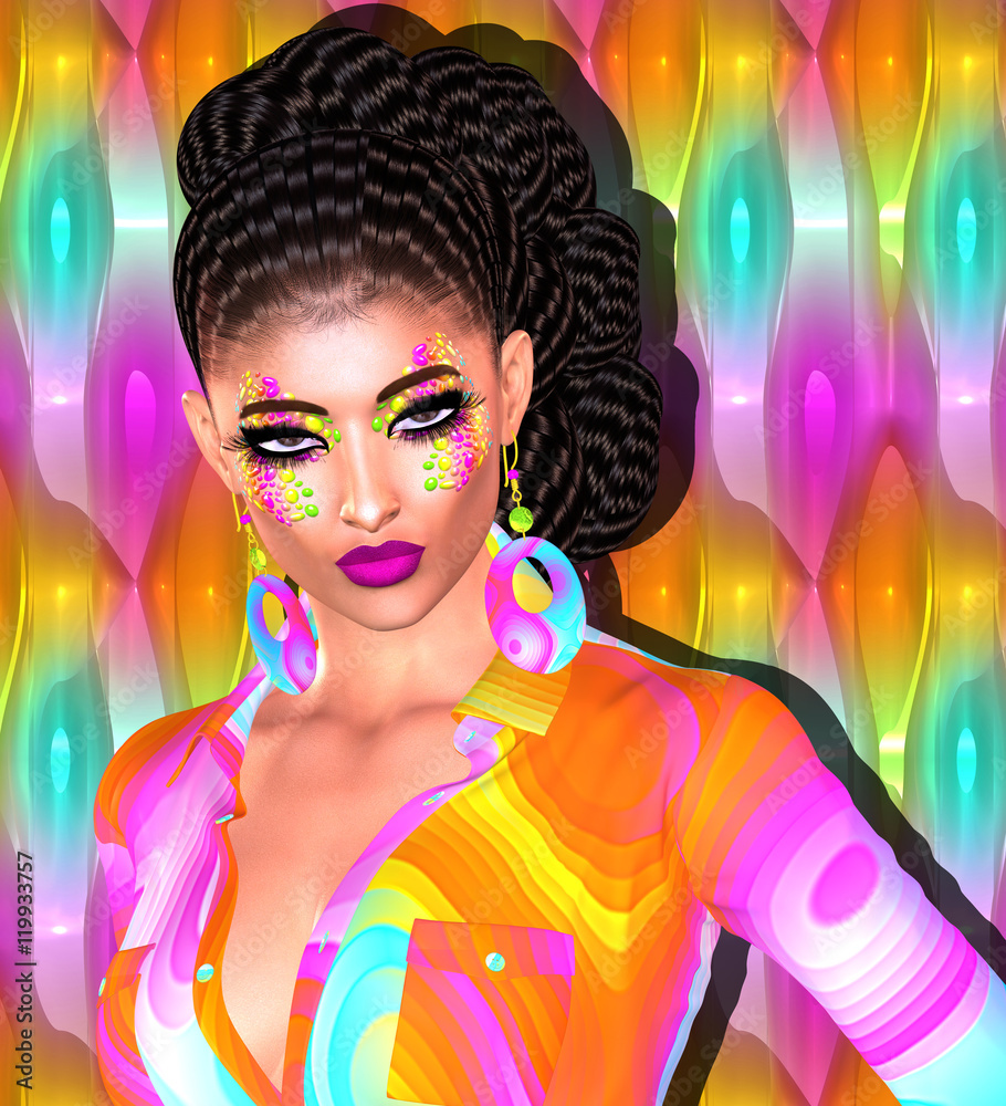 Brunette girl with long, shiny wavy hair and colorful fashion makeup ...