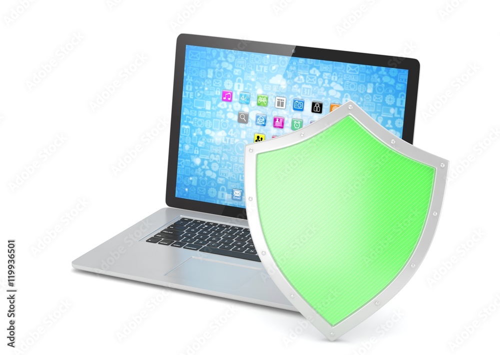 Laptop and shield on white, computer security concept. 3d rendering ...