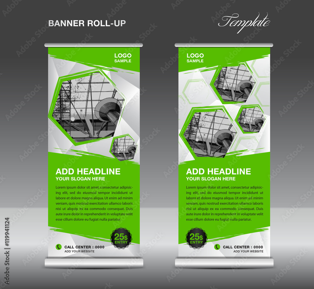 Green Roll up banner template vector, roll up stand, banner design ...