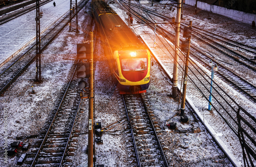 Foto Stock train with luminous lantern at the platform | Adobe Stock