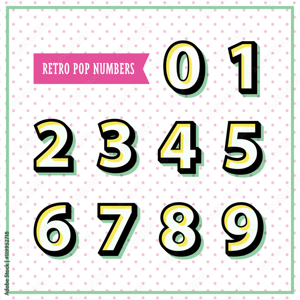 Vector alphabet numbers in retro style. Pop art objects on the polka ...