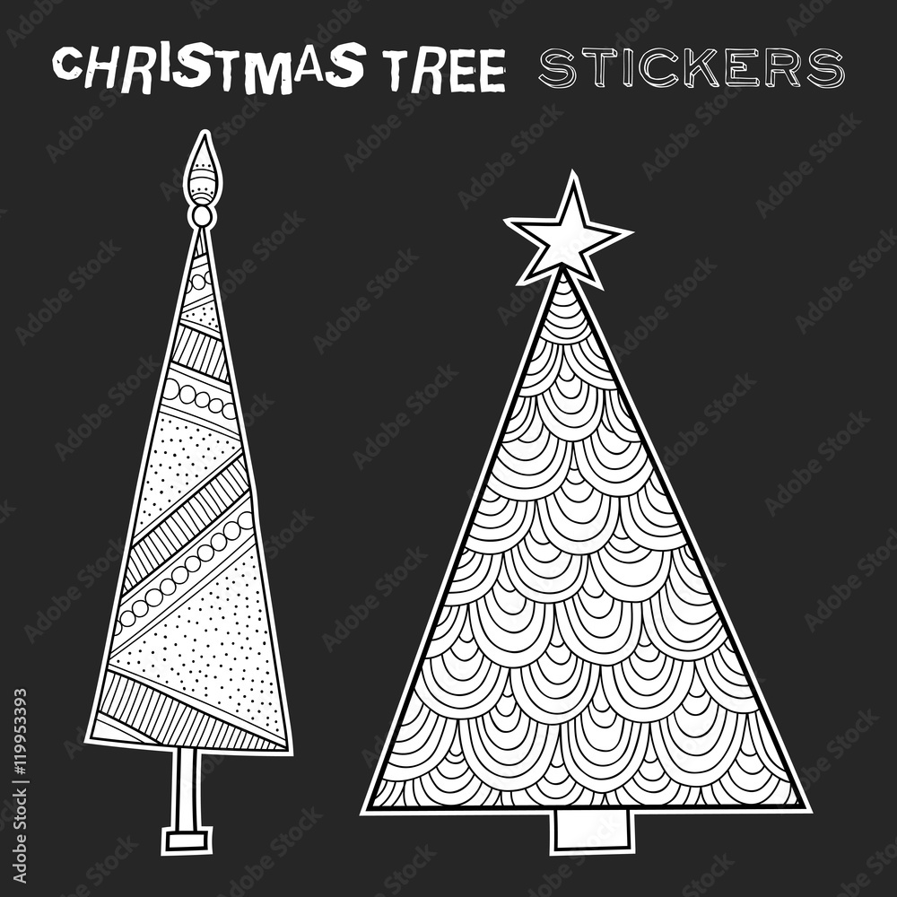 Black and white illustration of decorative Christmas trees. Festive ...