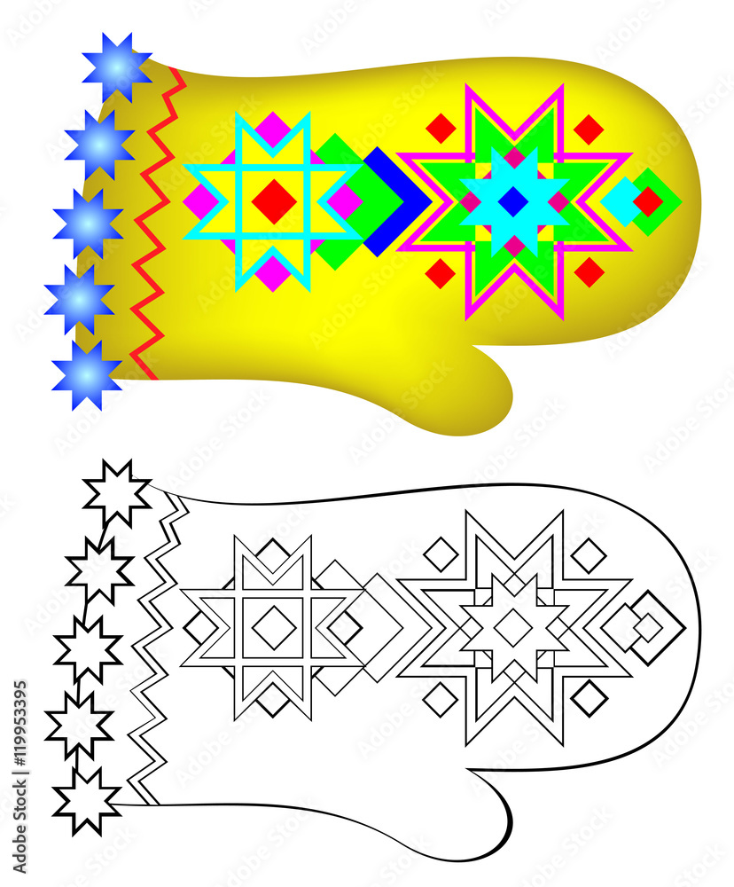 Colorful and black and white pattern mitten, vector cartoon image ...