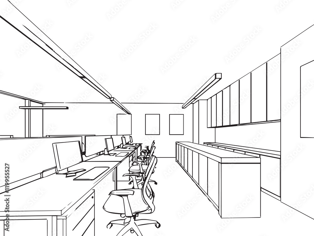 interior outline sketch drawing perspective of a space office Stock ...
