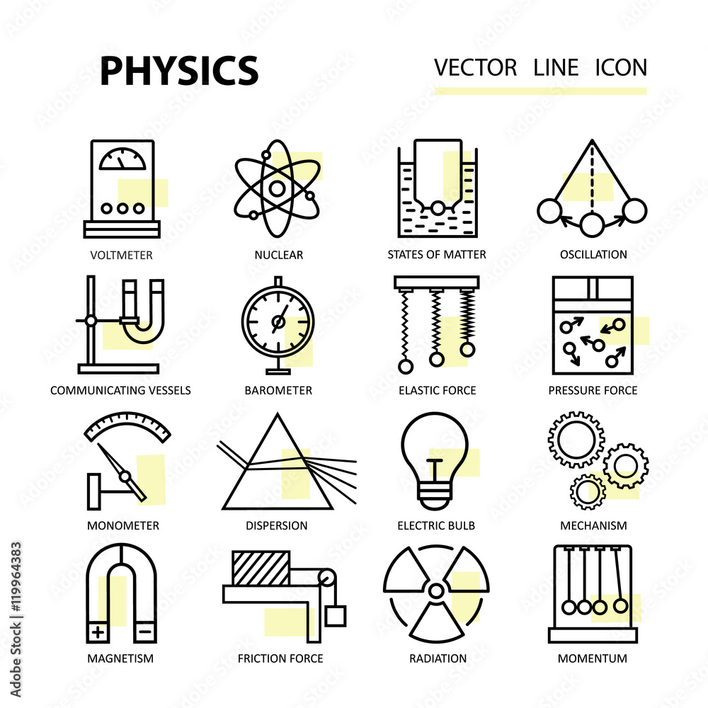 Modern thin linear vector icons of physics and laboratory experiments ...