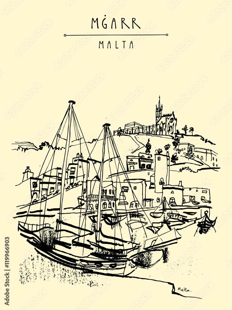 Yachts and church in port of Mgarr, Gozo island, Malta. Beautiful ...