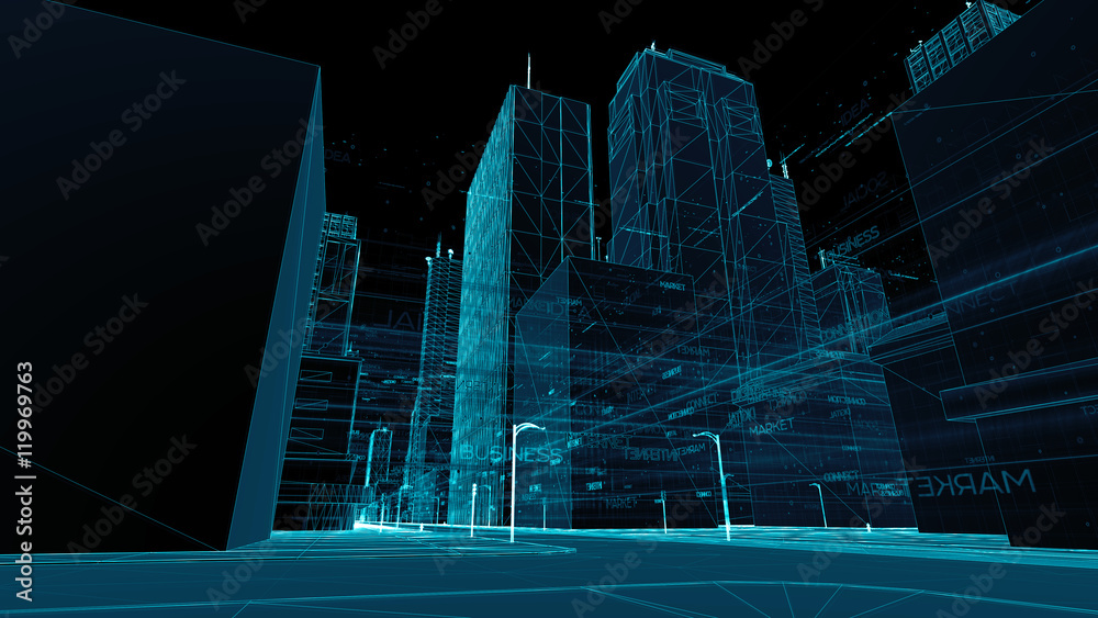 Digital skyscrappers with wireframe texture. Technology and conn Stock ...