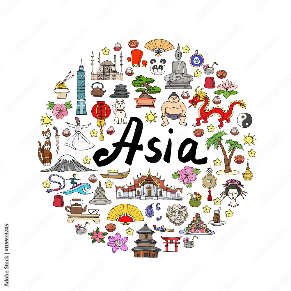 Cute decorative cover with hand drawn colored symbols of Asia on white ...