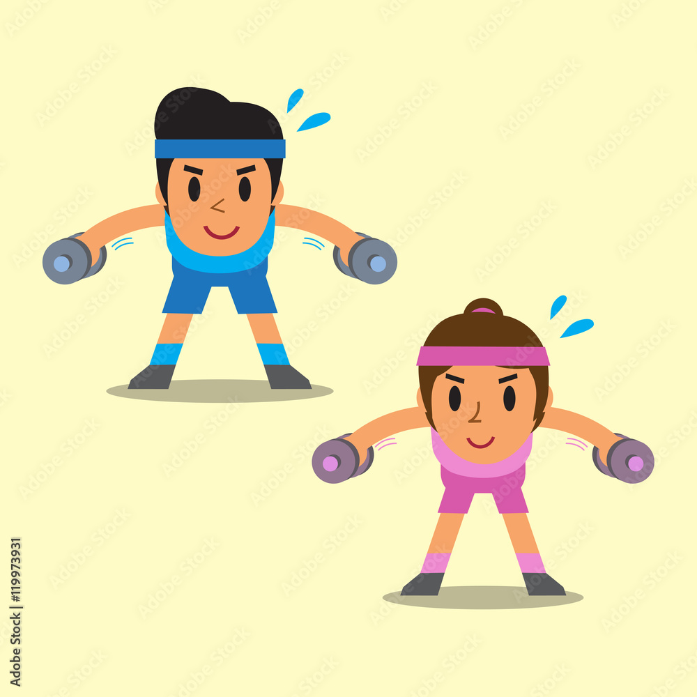 Cartoon man and woman doing dumbbell bent over lateral raise exercise ...