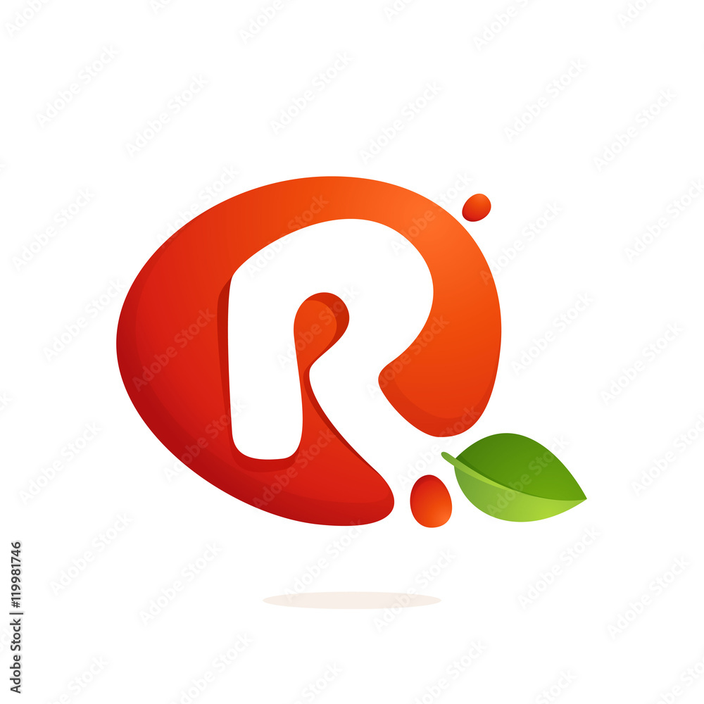 Letter R logo in fresh juice splash with green leaves. Stock Vector ...