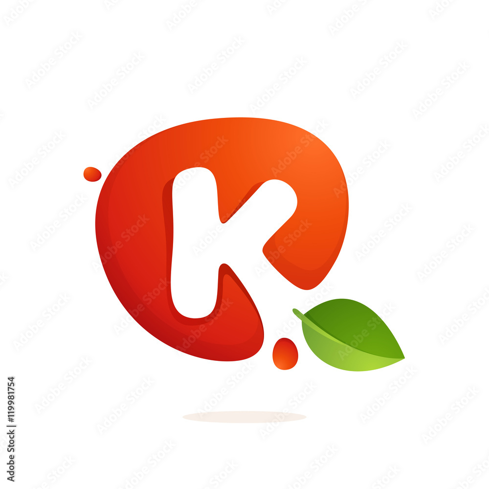 Letter K logo in fresh juice splash with green leaves. Stock Vector ...