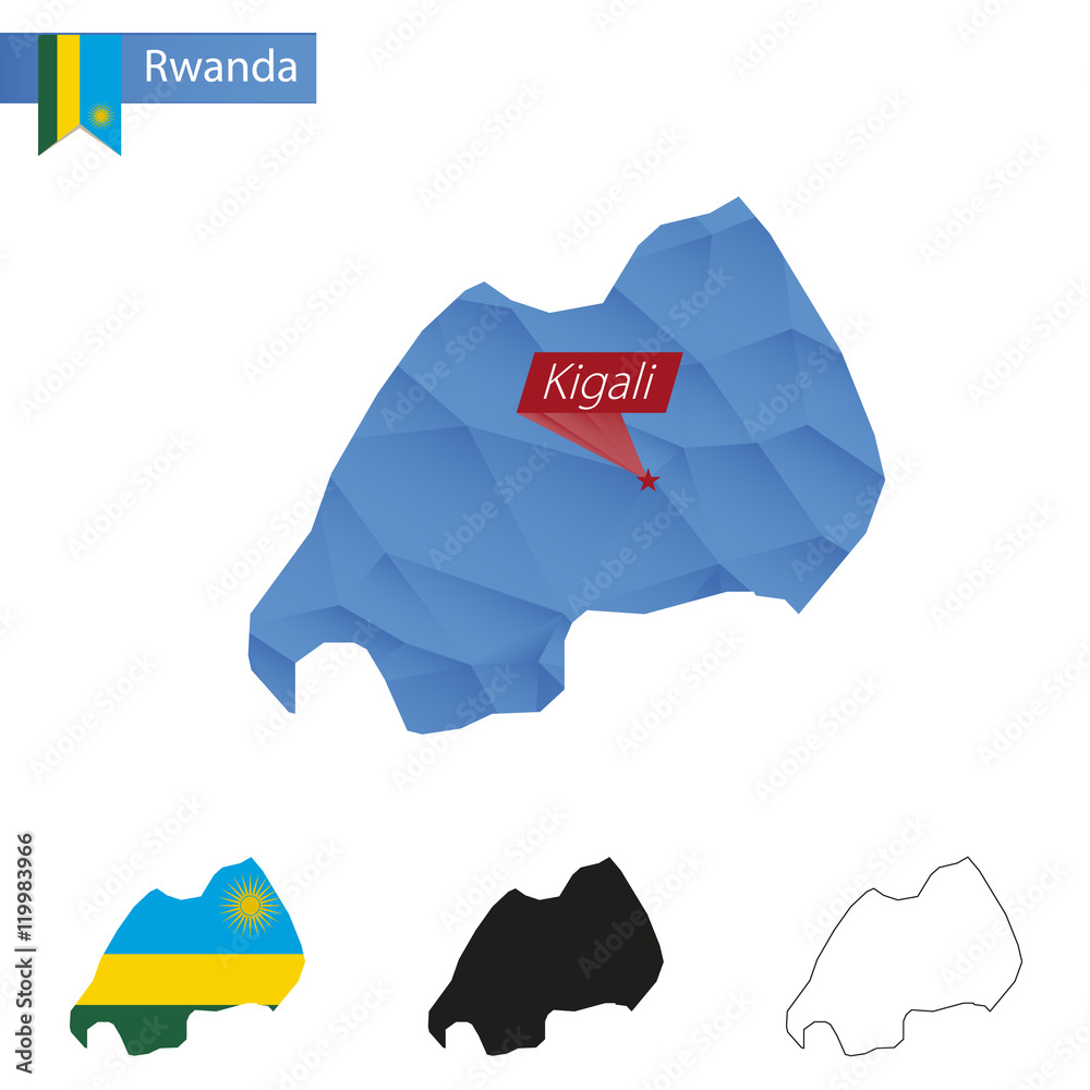 Rwanda blue Low Poly map with capital Kigali. Stock Vector | Adobe Stock