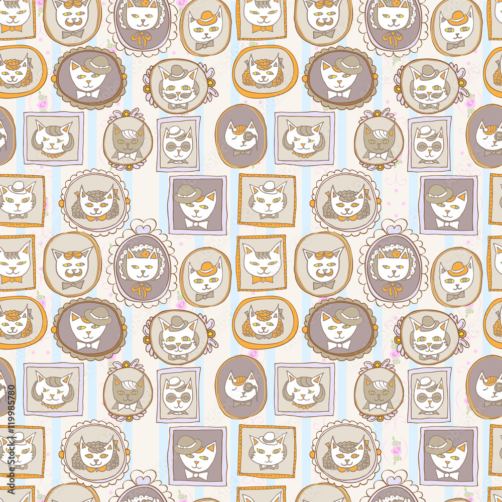 cute cats retro portraits seamless pattern. vintage vector pets ...
