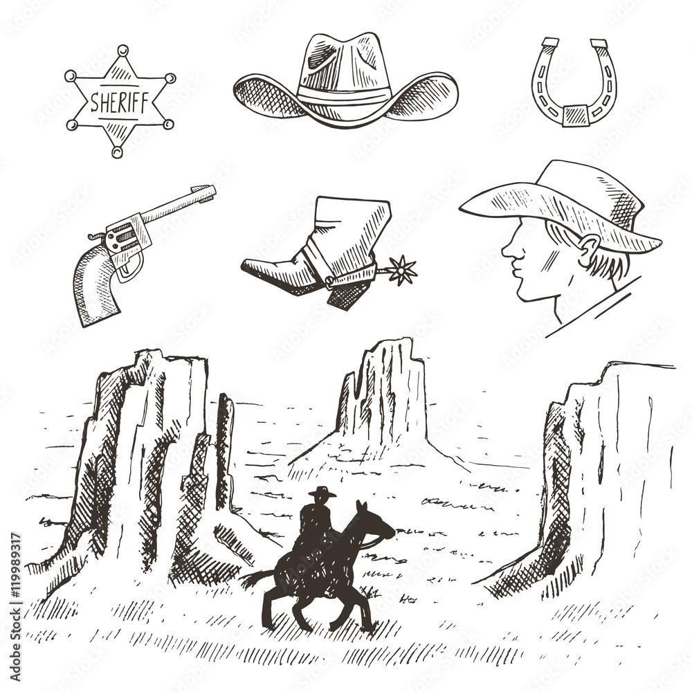 Western hand draw sketch vector set. Stock Vector | Adobe Stock