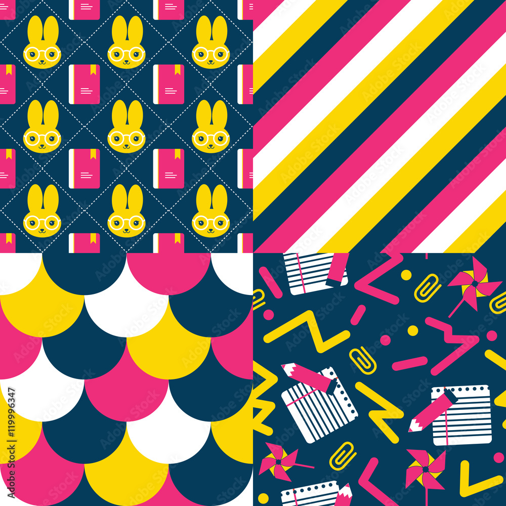 Back to school patterns - Collection of 4 school themed retro seamless ...