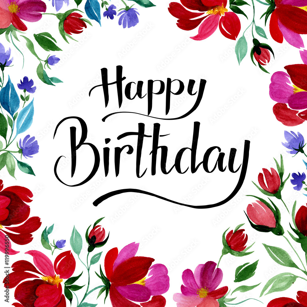 Hand drawn poster with colorful flowers illustration in watercolor with ...