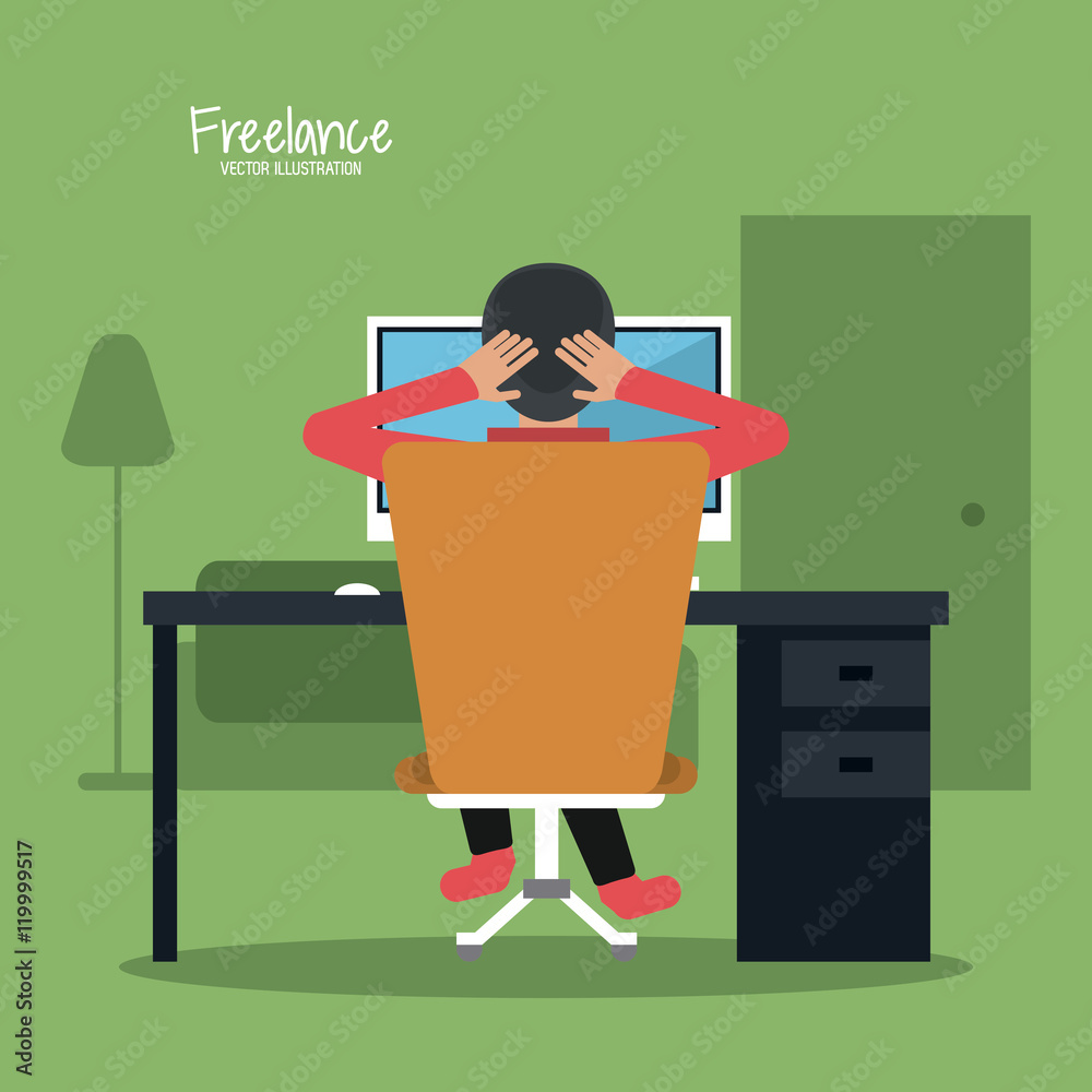 Cartoon man sitting with computer on table. Work at home and freelance ...