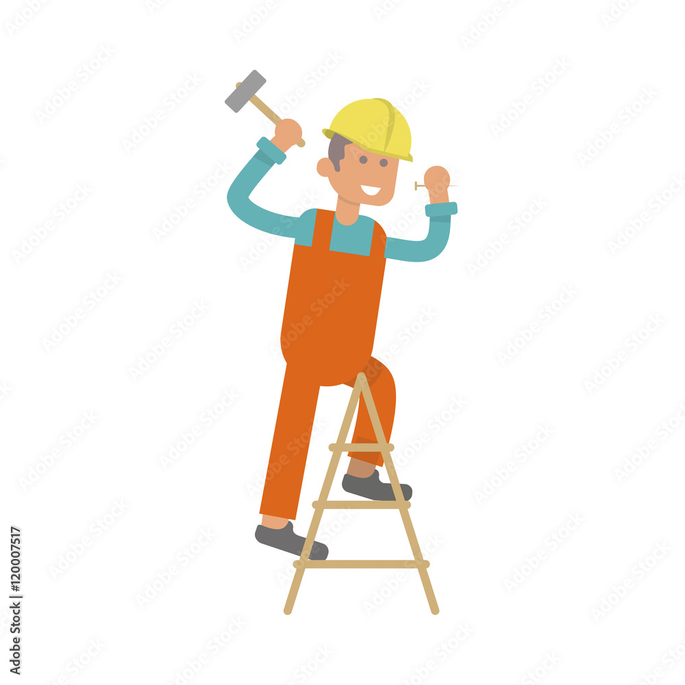Character construction worker, laborer is hammering a nail. Isolated on ...